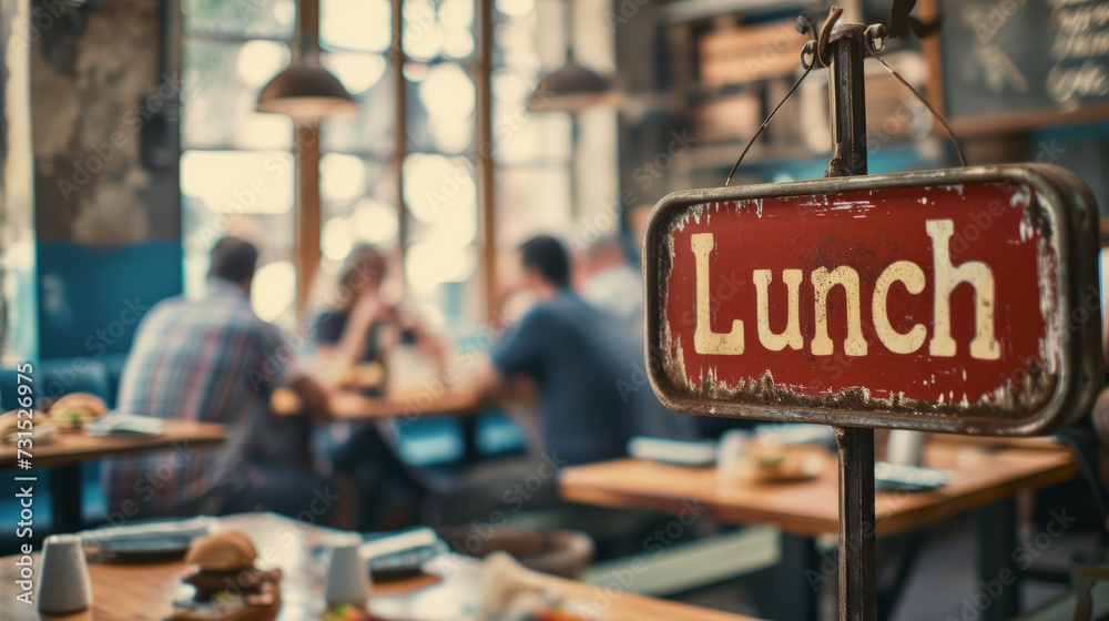 Lunch concept image with Lunch sign in a restaurant dining room with ...
