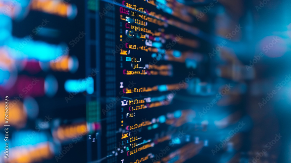 visualize a macro, close-up shot of a developer's screen, where lines ...