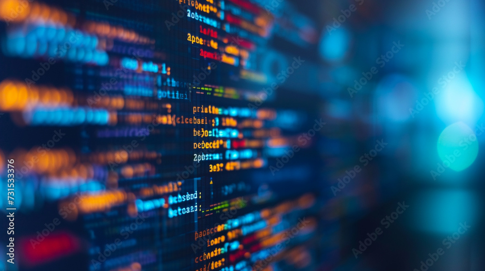 visualize a macro, close-up shot of a developer's screen, where lines ...