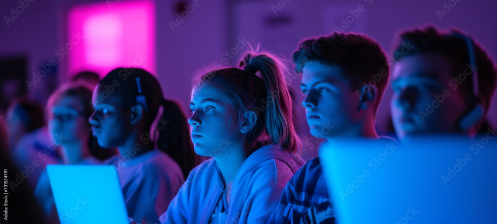 students in classroom with blue light laptops and smartphone ...