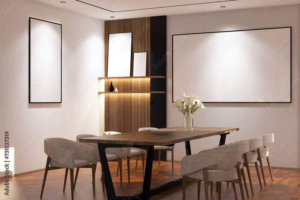 Contemporary modern dining room with frame mock up on the wall. Design ...