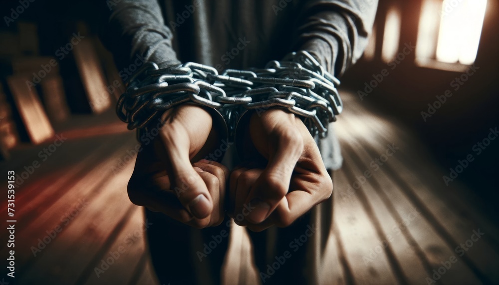 An arrested man holds his hands in front of him in iron chains in ...