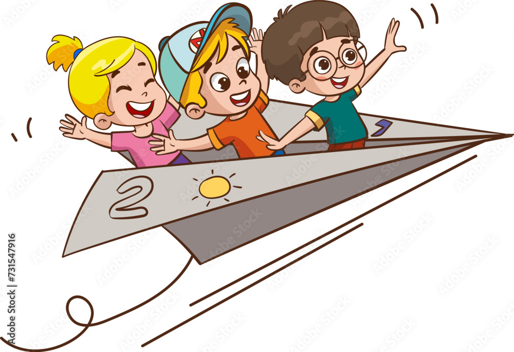 Cartoon Kids Flying With Paper Plane.kids ride paper plane vector ...