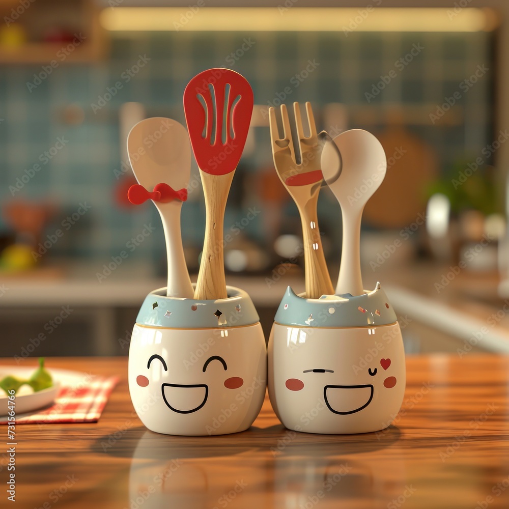 Glasses and various kitchen utensils with cute shapes smiling happily ...