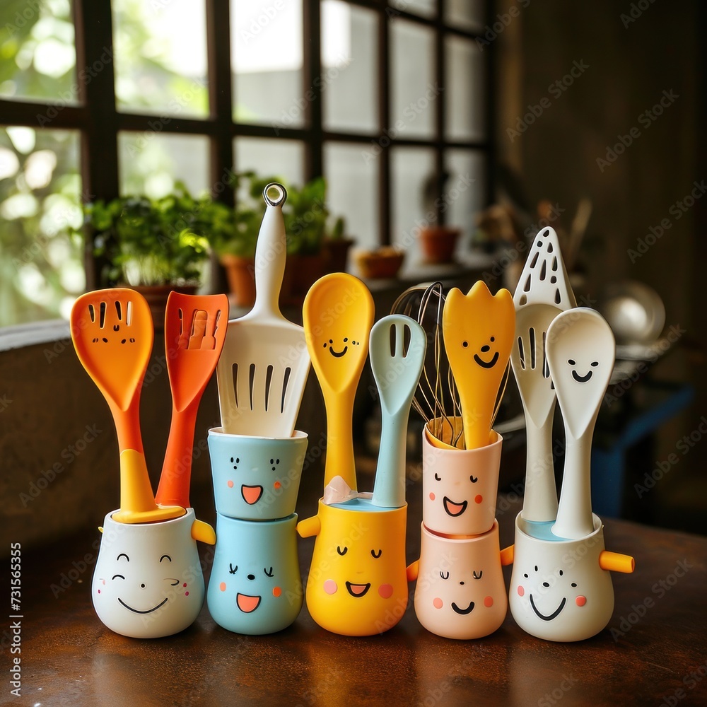 Glasses and various kitchen utensils with cute shapes smiling happily ...