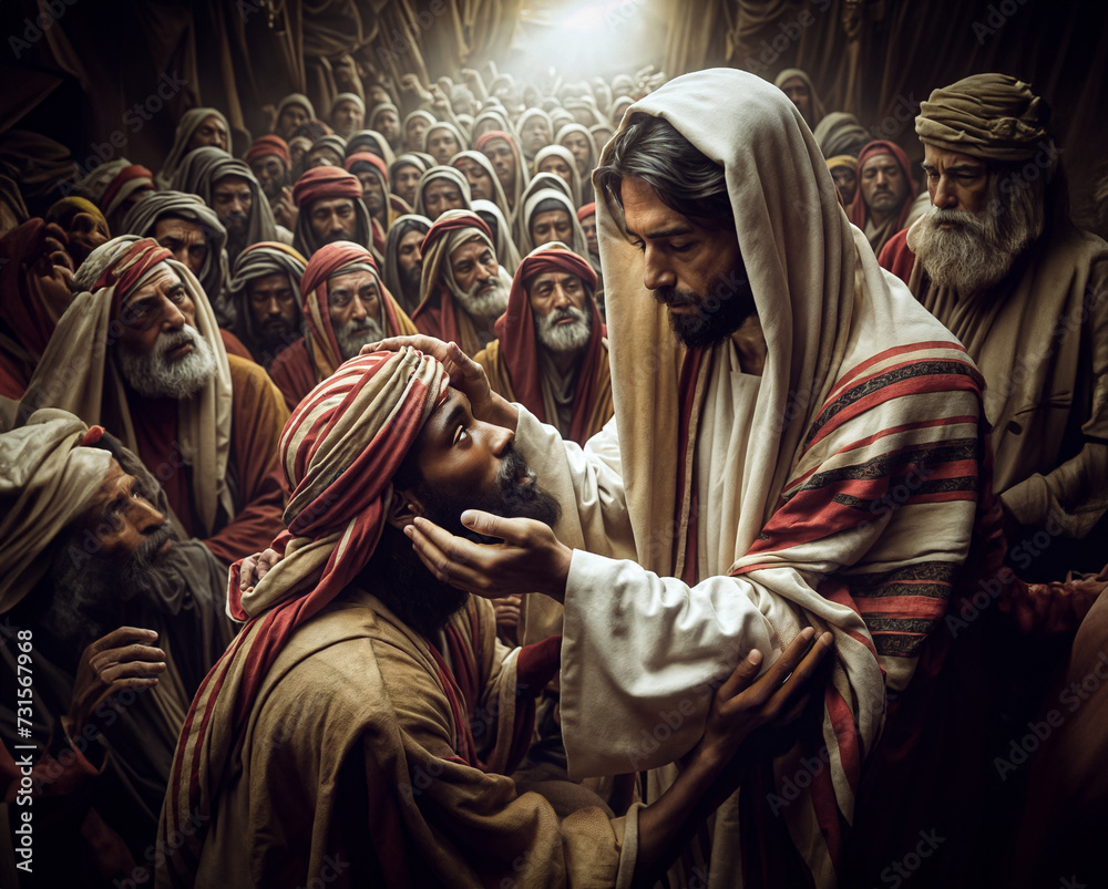 Jesus heals a blind man - Bible miracle Stock Illustration | Adobe Stock