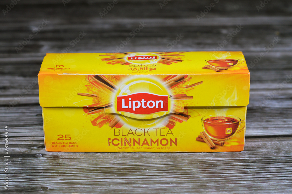 Cairo, Egypt, February 7 2024: Lipton black tea with cinnamon bags, sum ...