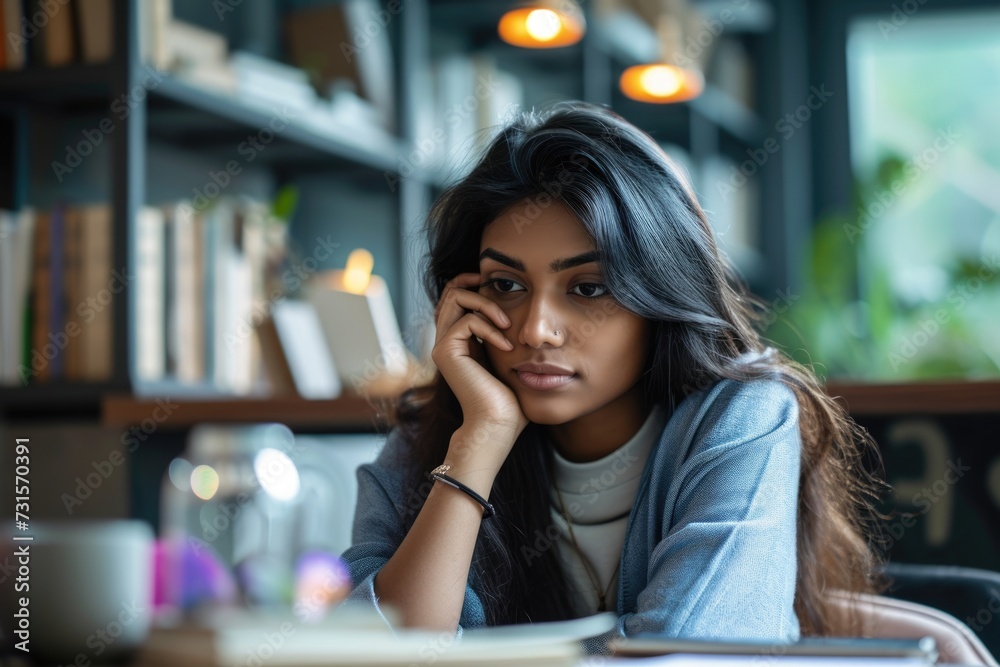 Thoughtful Hindu woman uses mobile internet for studying and planning ...
