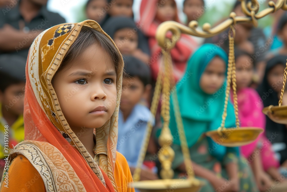 Middle east child girl in traditional outfit at a market with golden scale Stock Photo | Adobe Stock