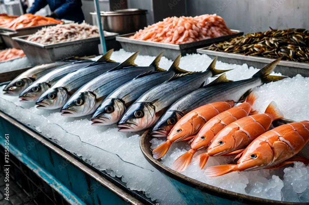 Choose fresh seafood on crushed ice at fish market. Fresh frozen on ...