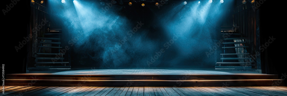Free stage with lights and smoke, Empty stage with dark blue spotlights ...