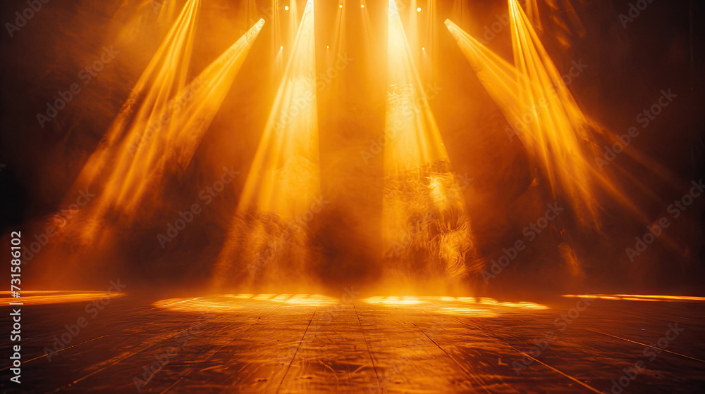 Free stage with lights and smoke, Empty stage with gold yellow ...