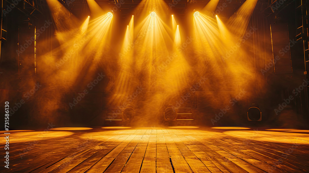 Free stage with lights and smoke, Empty stage with gold yellow ...