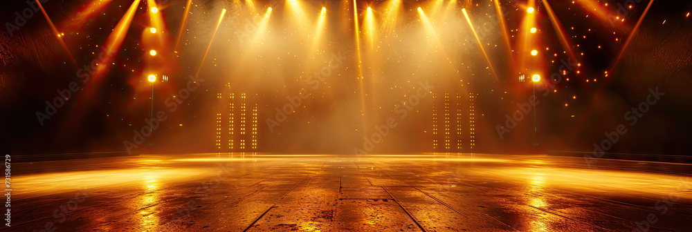 Free stage with lights and smoke, Empty stage with gold yellow ...