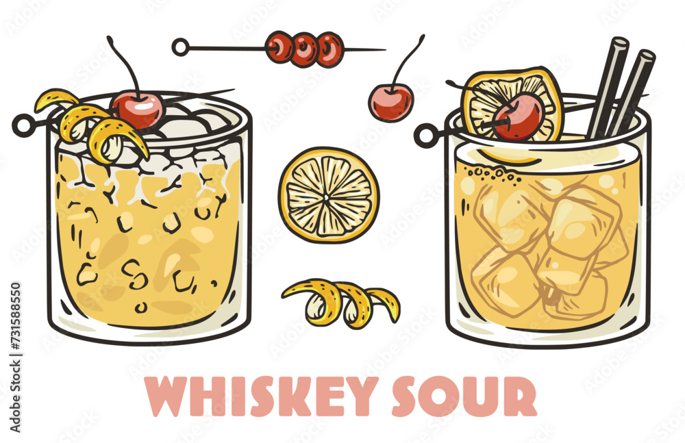 Whiskey sour cocktail vector set with ice and slice of olemon for ...