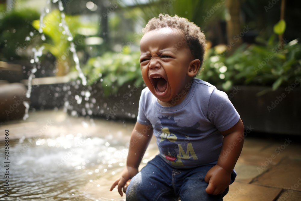A 2-year-old boy, South African, in a garden, crying loudly because he ...