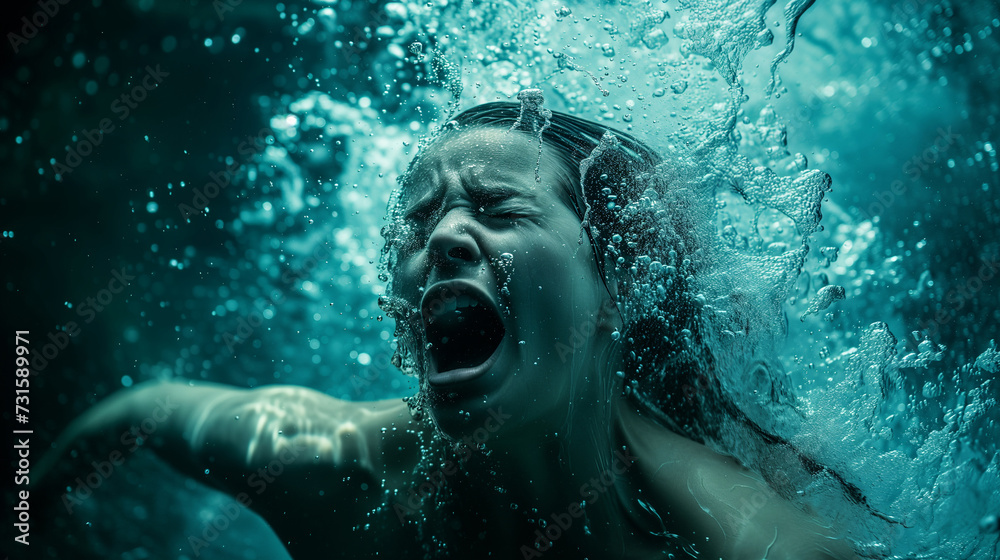 Choked by Depths Terrified Individual Underwater, Eyes Closed in Desperation Stock Photo | Adobe ...