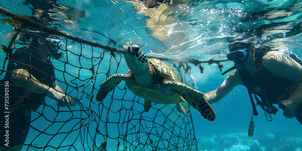Divers help a turtle get out of a fishing net underwater, the theme of ...