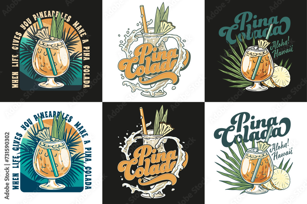 Pina Colada cocktail tee print vector set with splashes and slice of ...