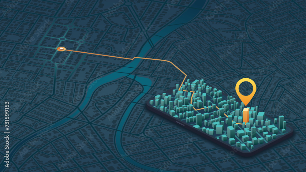 Giant mobile phone with city map on the screen. Isometric generic city ...