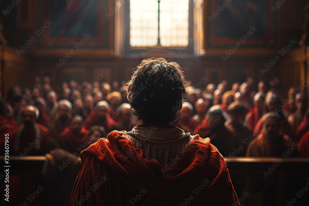 Imagination of Jesus Christ standing before a solemn assembly, facing ...
