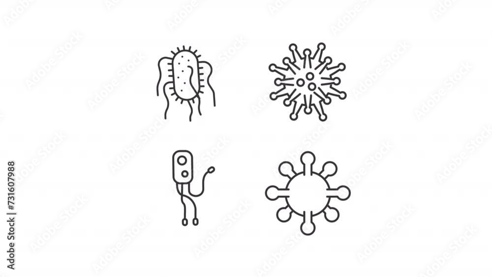 Animated microbe types icons. Microorganisms line animation library ...