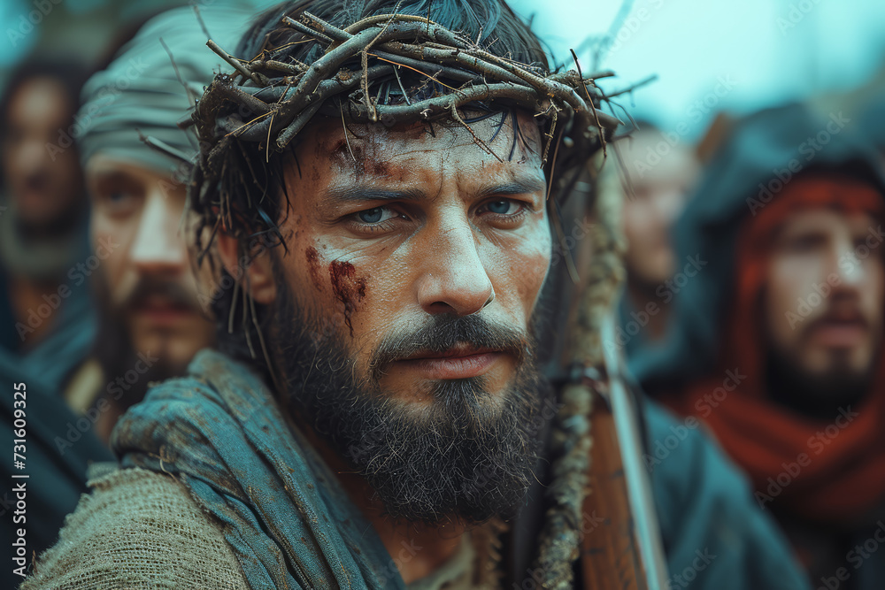 Staging of Jesus carrying the cross with Simon of Cyrene, highlighting ...