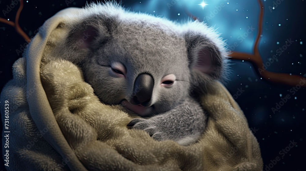 Cute Little baby Koala animal sleeps soundly in the full moon, starry ...