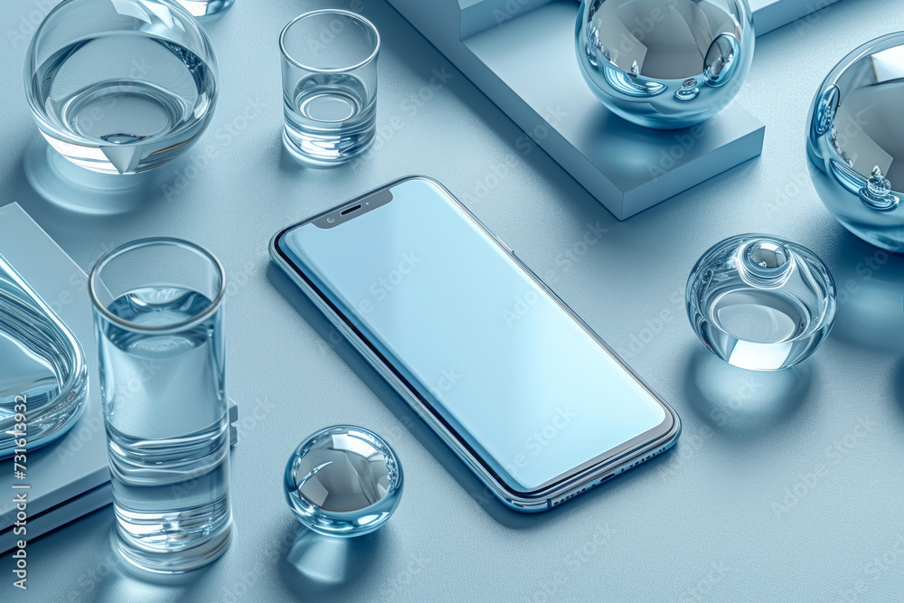 Mockup empty, blank smartphone screen, on an iridescent surface with ...