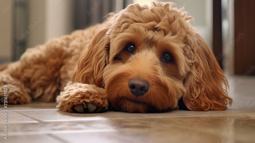 A close-up view capturing the beauty of a red Cockapoo dog, lying ...