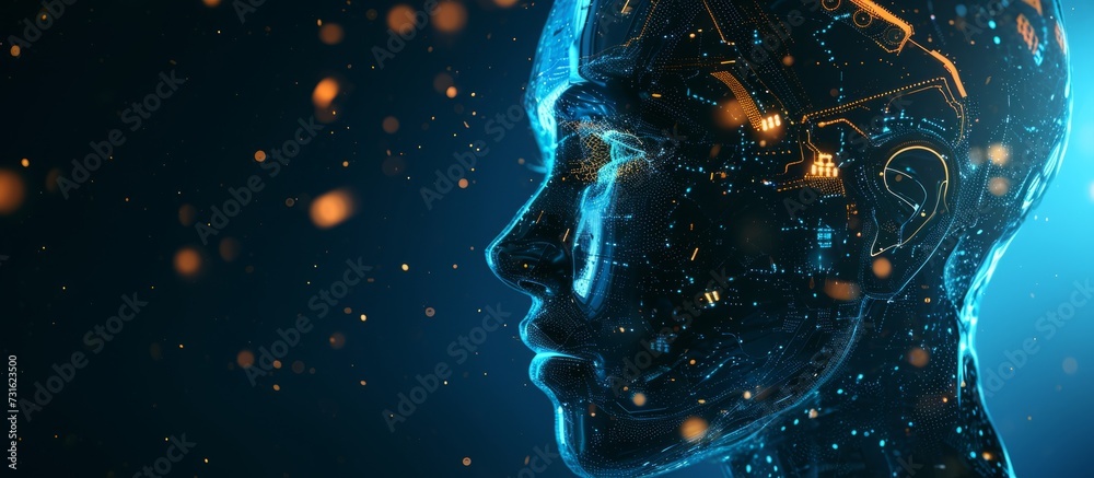 A computer-generated man's head with a glowing electric blue brain ...