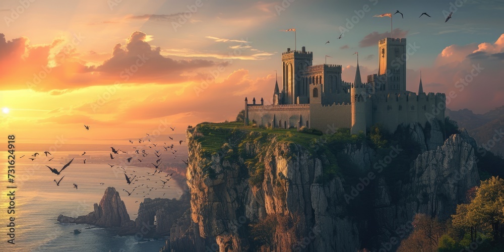 A medieval castle on a cliff overlooking the ocean, with knights and ...