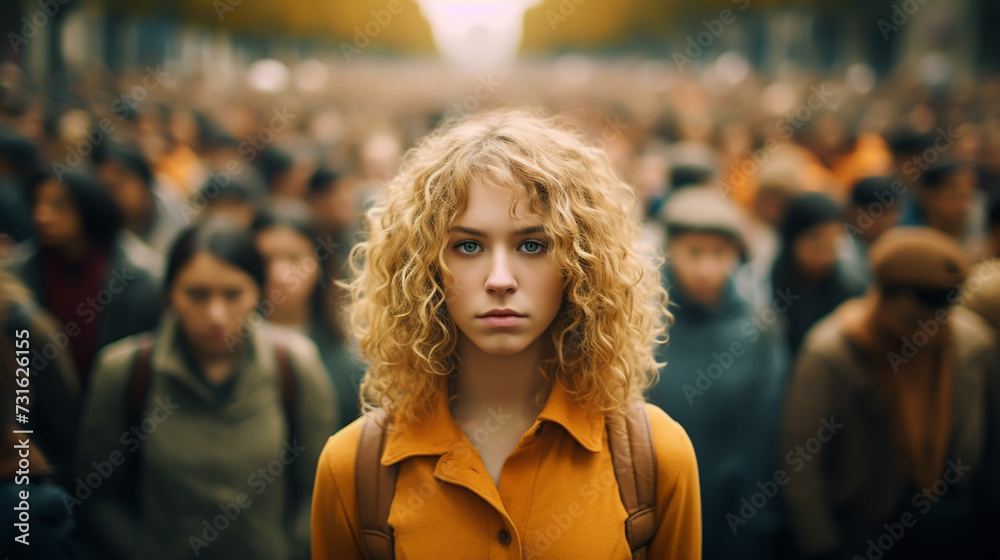 Urban girl standing out from the crowd at a city street. Stock ...