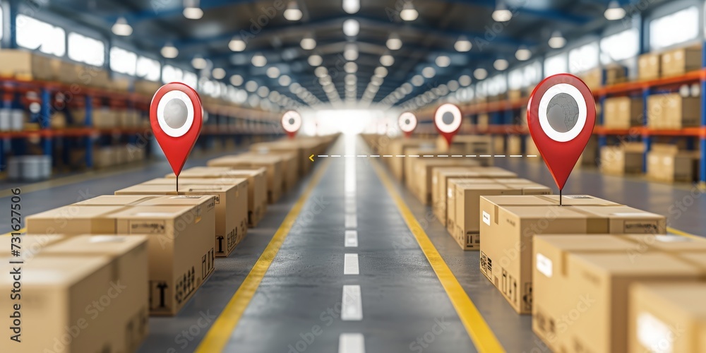 A Red Location Pin Marks the Target Package in a Warehouse Filled with ...