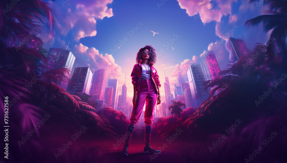 Beautiful synthwave girl in a nice looking clothes in a synthwave world ...