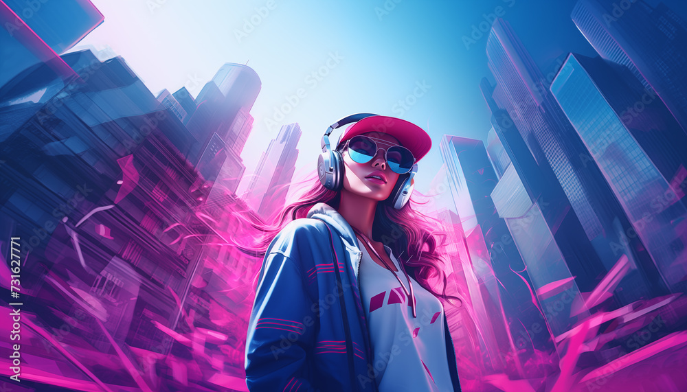 Beautiful synthwave girl in a nice looking clothes in a synthwave world ...