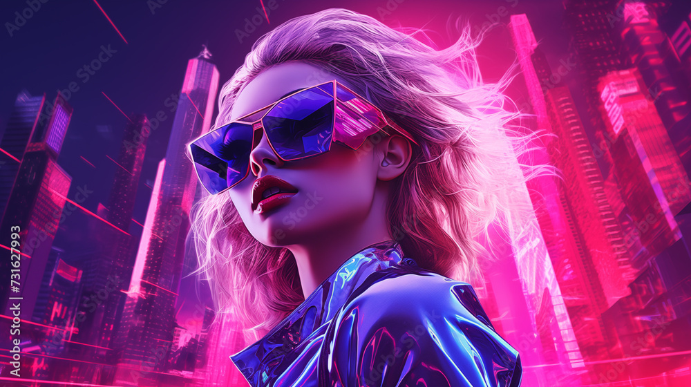 Beautiful synthwave girl in a nice looking clothes in a synthwave world ...