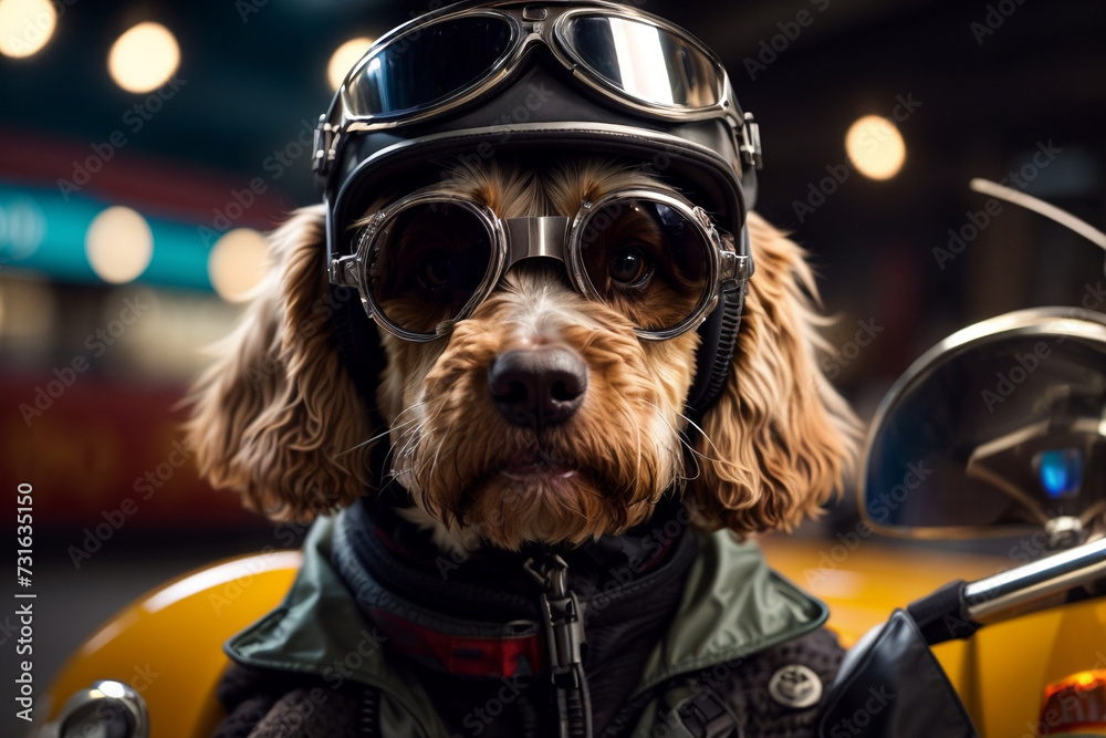 funny dog, Cool Cockapoo dog ready to ride a motorcycle wearing retro ...