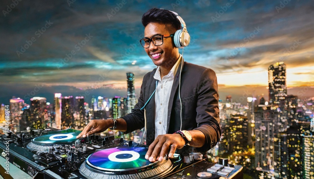 Futuristic robot DJ pointing and playing music on turntables. Robot ...