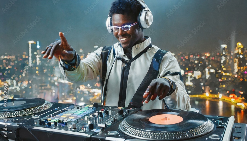 Futuristic robot DJ pointing and playing music on turntables. Robot ...