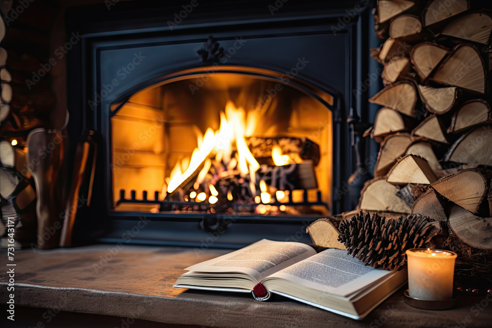 Warm cozy fireplace with real wood burning in it. Magical atmosphere ...