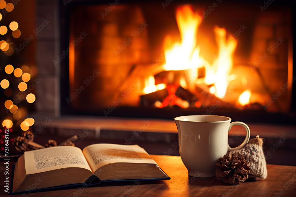 Warm cozy fireplace with real wood burning in it. Magical atmosphere ...