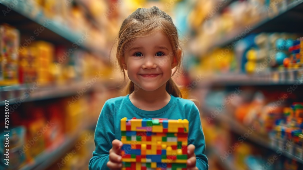 little girl in a shop, a little girl holding a package of gifts made of ...