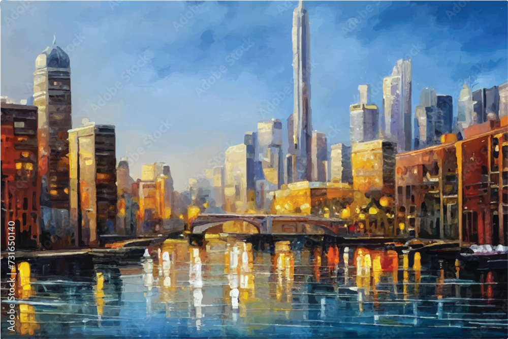 Beautiful city skyline view oil painting. Oil paintings city landscape ...