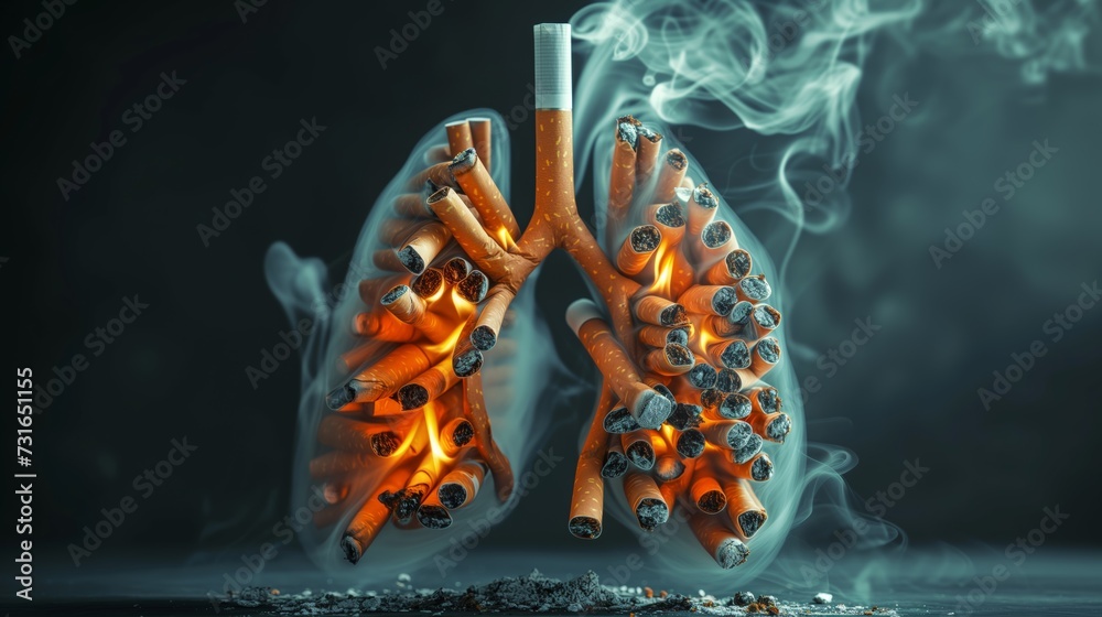 An illustrative depiction of human lungs made of cigarettes with smoke ...