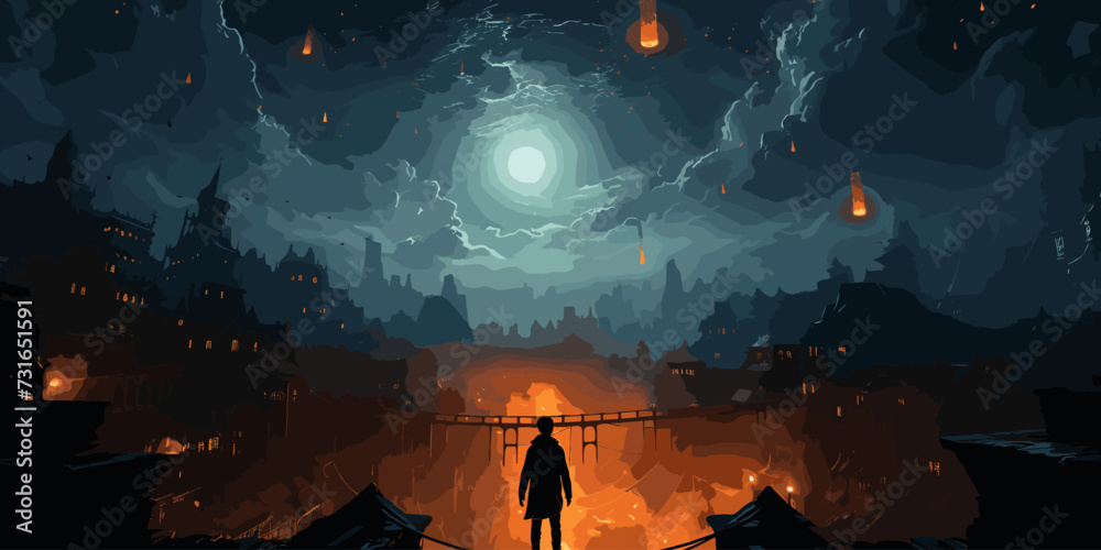 man floating in the sky and destroys the city with evil power, digital ...