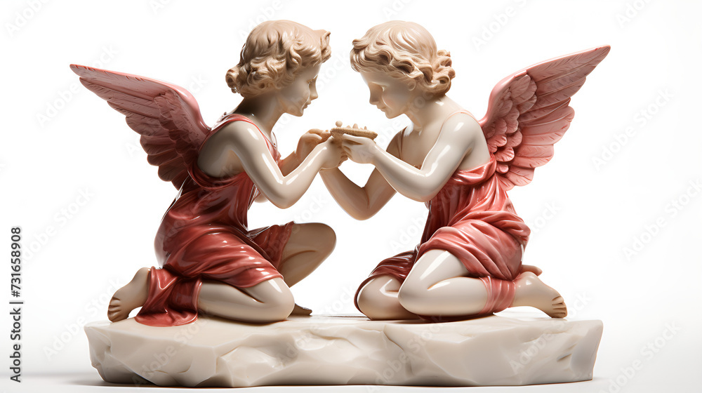 two angels isolated on white,A marble sculpture of two cherub-like ...