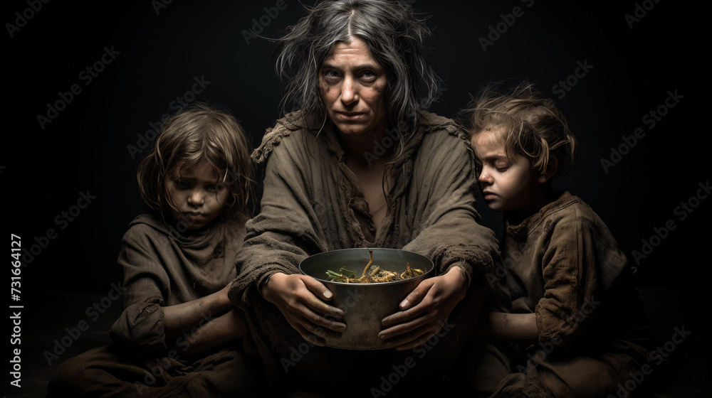 A Mother and two young children suffering from hunger amidst the ...