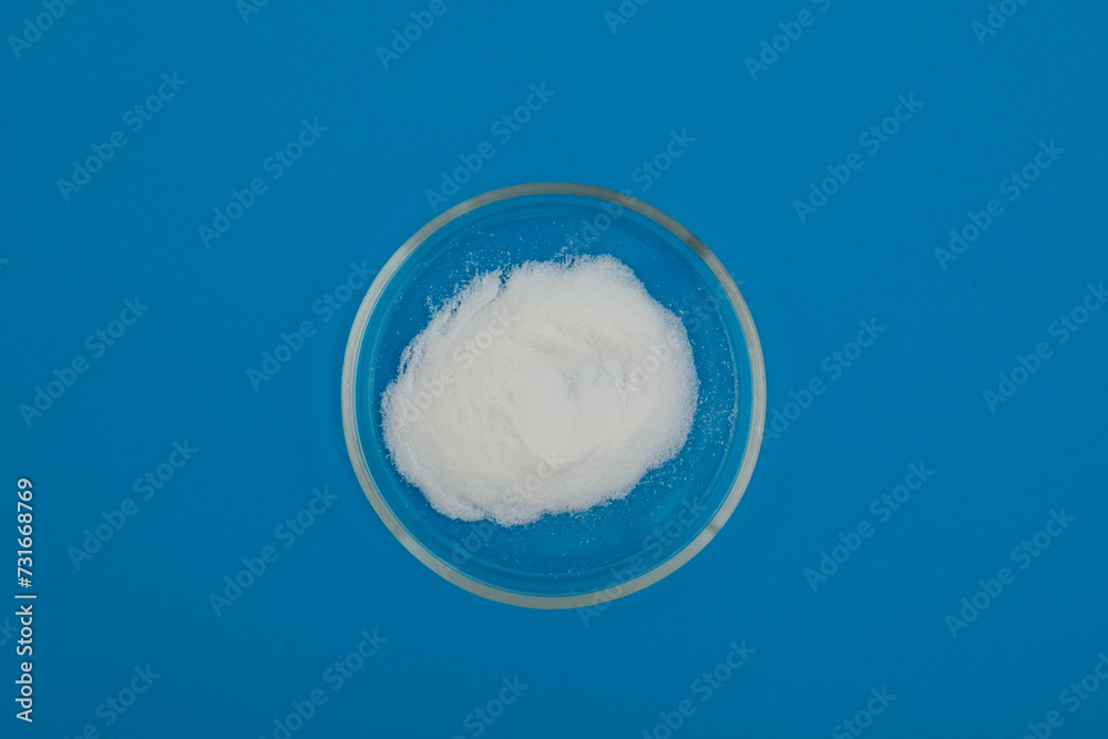 Sodium erythorbate or isoascorbate in Petri dish. Food additive E316 ...