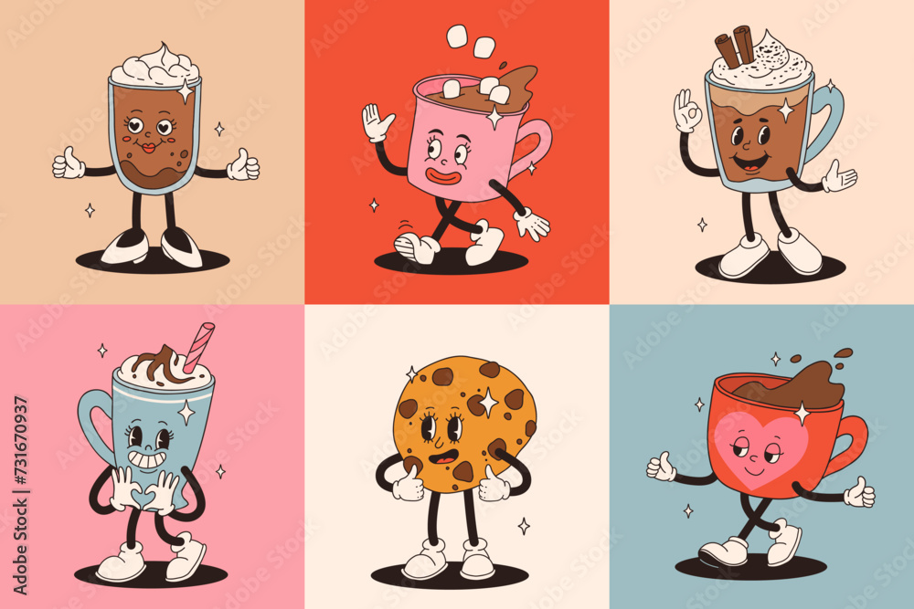 Retro groovy set with coffee mascot, cartoon characters, funny colorful ...